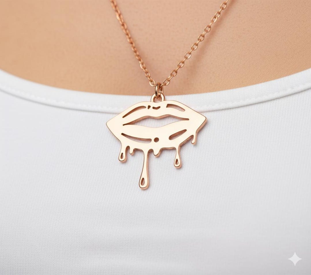 Edgy Dripping Lips Necklace in 14K Rose Gold Plate, Dainty Pop Art Kiss ...