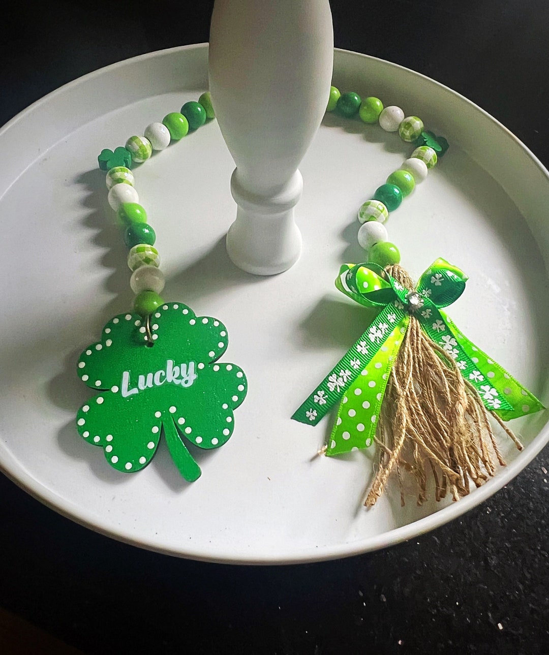 St Patricks Day Lucky Shamrocks Glitter Wood Bead Garland Tiered Tray ...