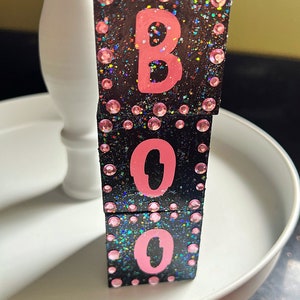 Halloween Pink Rhinestones BOO Ghost Glitter Wood Blocks Set of 3 Tier ...