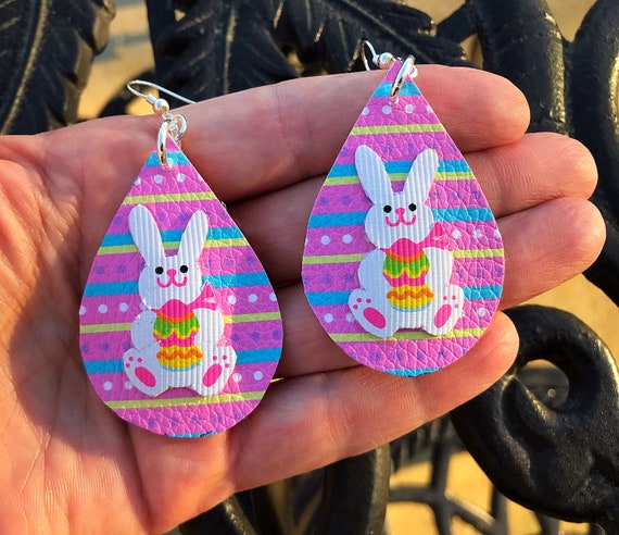 Easter Bunnies & Stripes Faux Leather Teardrop Earrings | Etsy