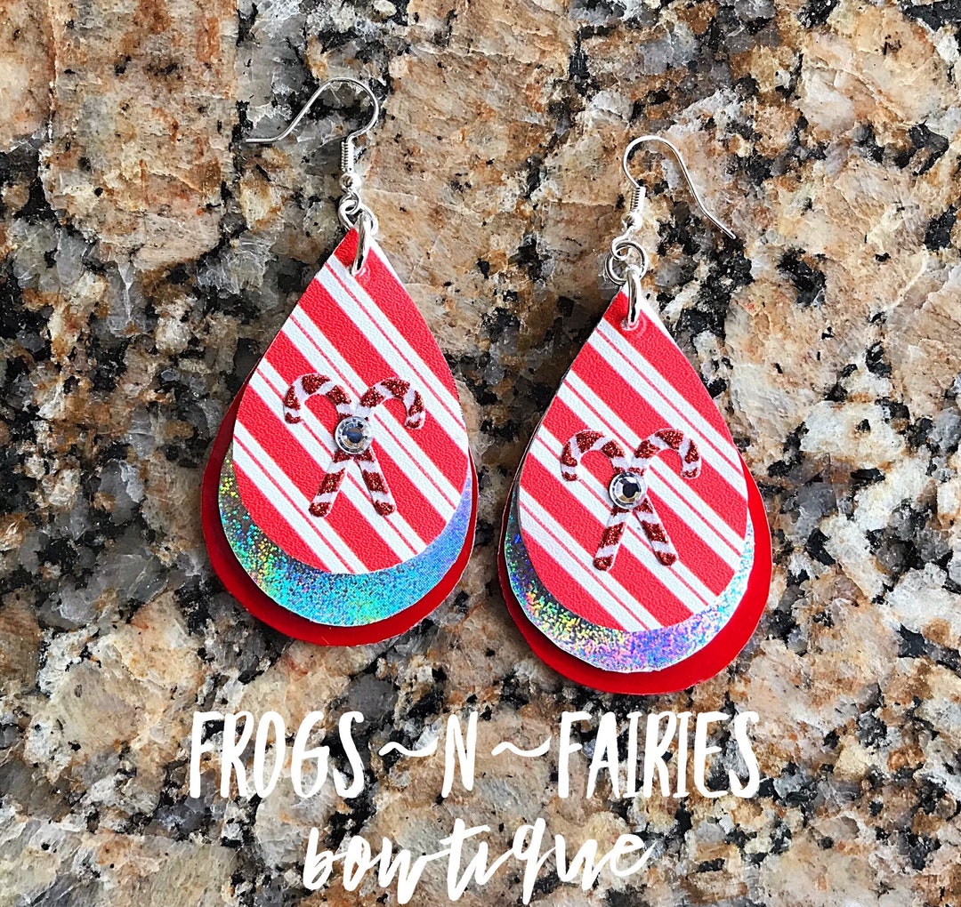 Christmas Peppermint Candy Canes Triple Stacked Faux Leather Teardrop ...