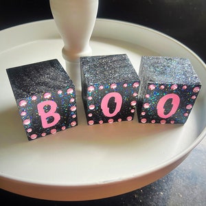 Halloween Pink Rhinestones BOO Ghost Glitter Wood Blocks Set of 3 Tier ...