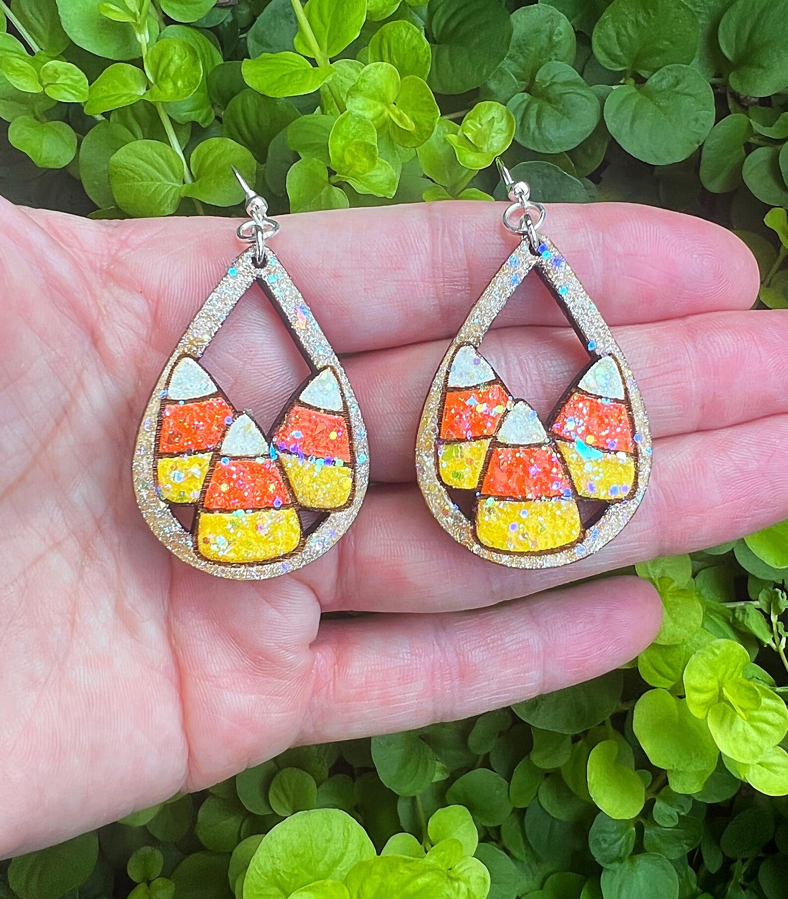 Halloween Candy Corn Glitter Teardrop Wood Earrings - Etsy