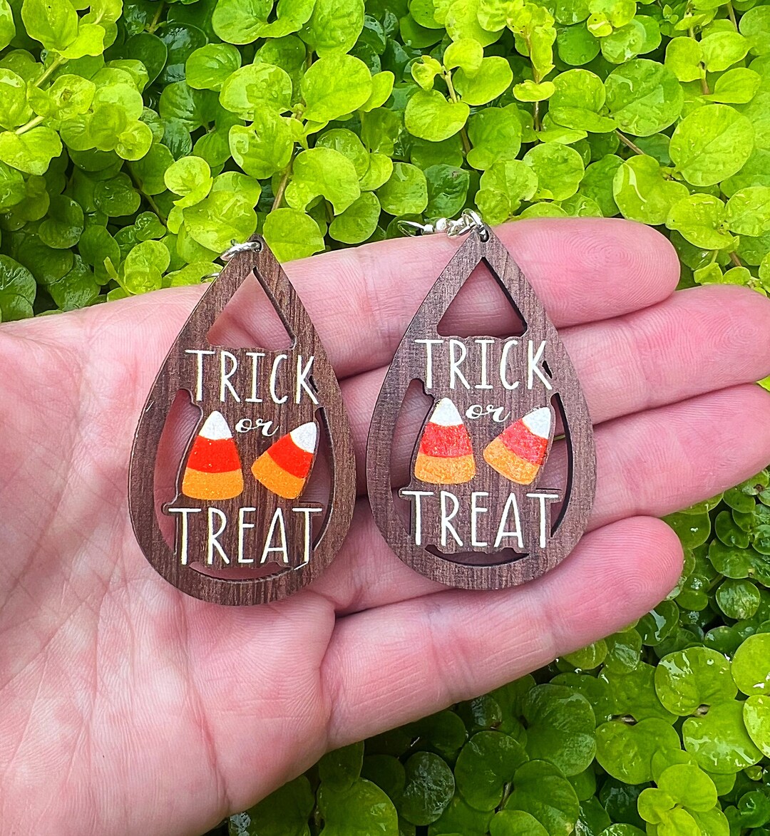 Halloween Trick or Treat Candy Corn Glitter Teardrop Wood Earrings - Etsy