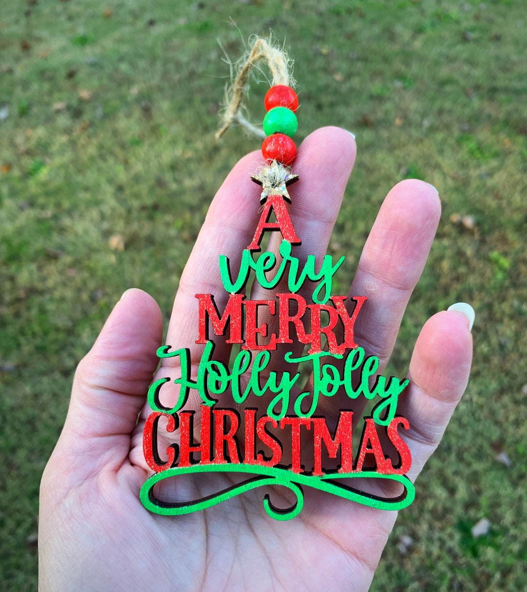 Merry Christmas Tree Glitter Wood Ornament - Etsy