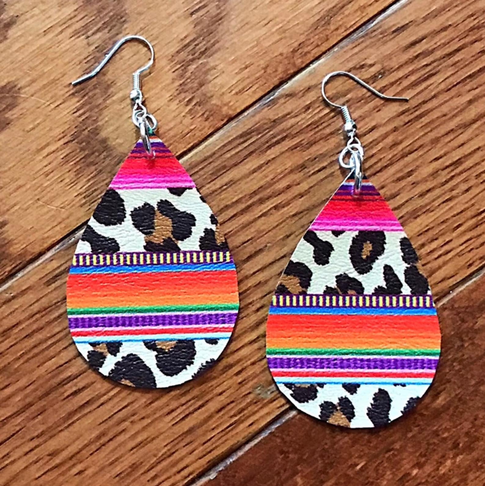 Leopard Print Serape Stripes Pink & Orange Teardrop Faux Leather ...