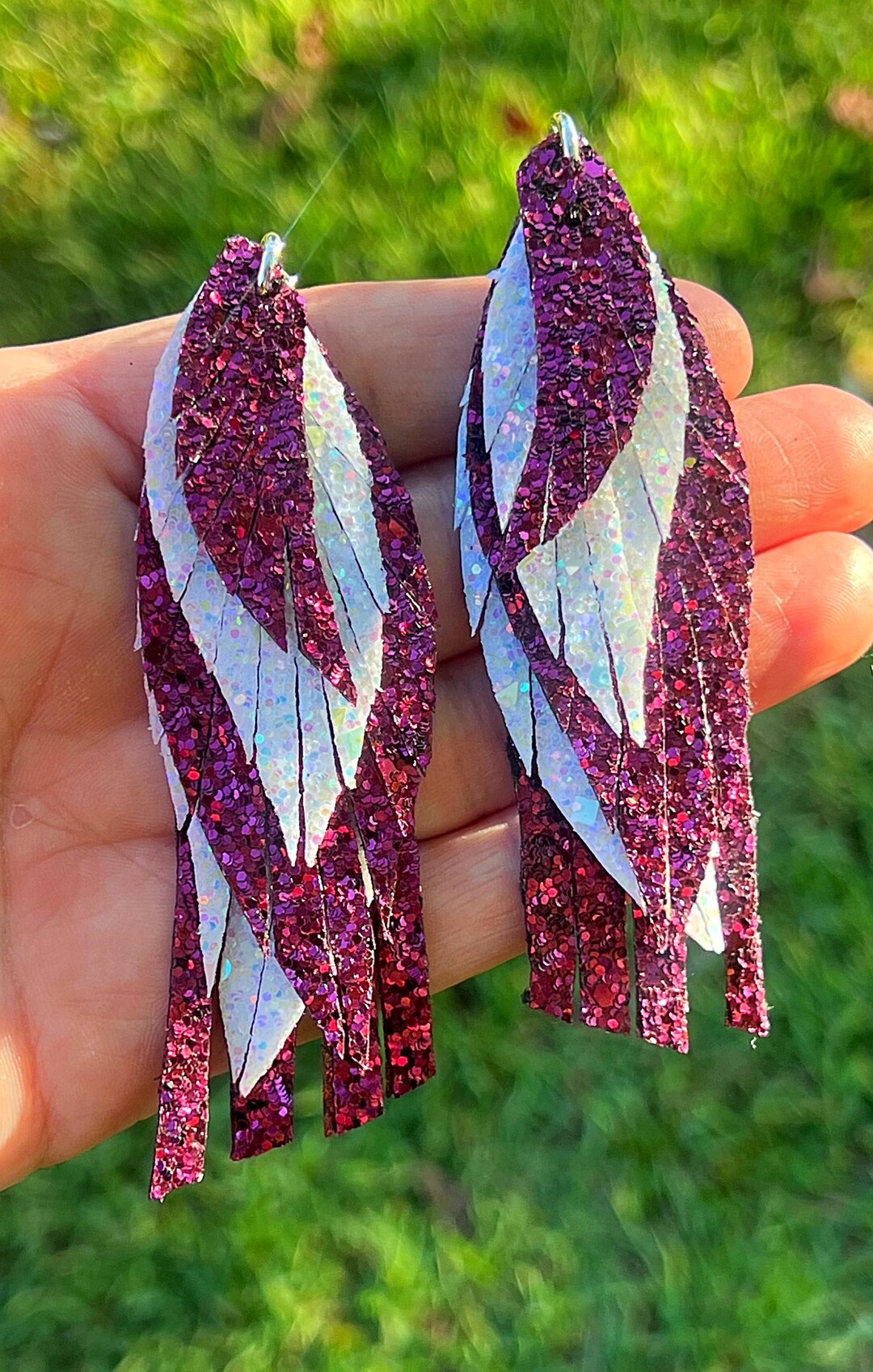 Maroon & White Chunky Glitter Fringe Earrings - Etsy