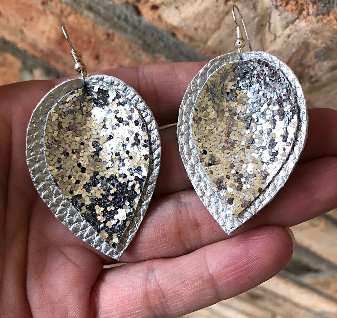 Silver Glitter & Metallic Inverted Teardrop Faux Leather Earrings - Etsy