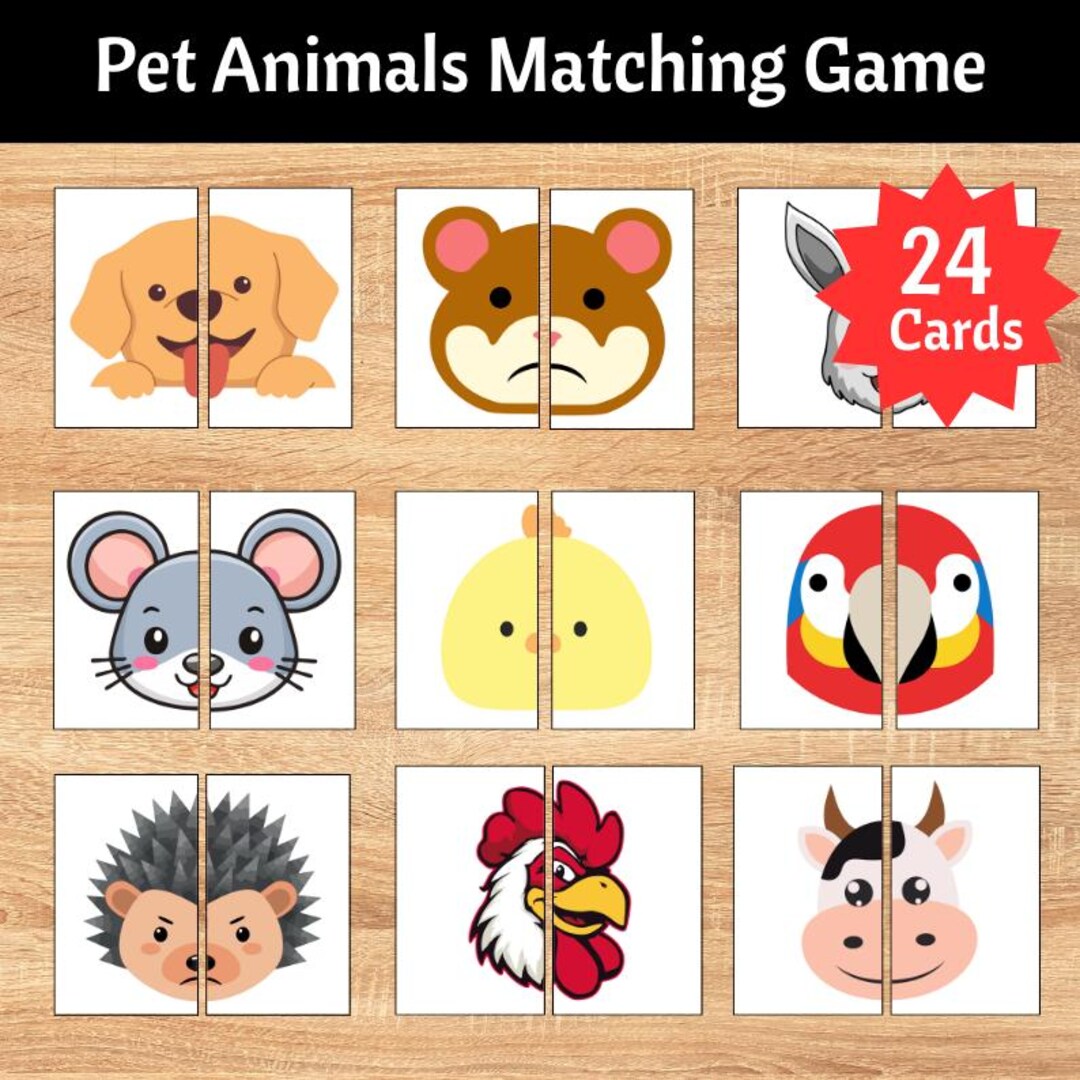 Pet Animals Matching Game, Montessori Flashcards (PDF Pattern) - Etsy