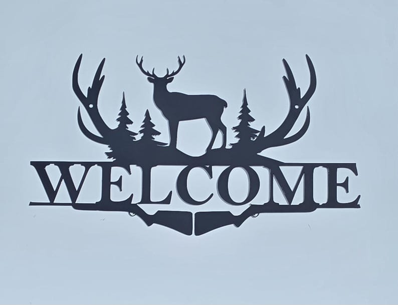 Welcome Sign SVG – Buck With Antlers & Rifle Cutouts | Rustic Outdoor ...