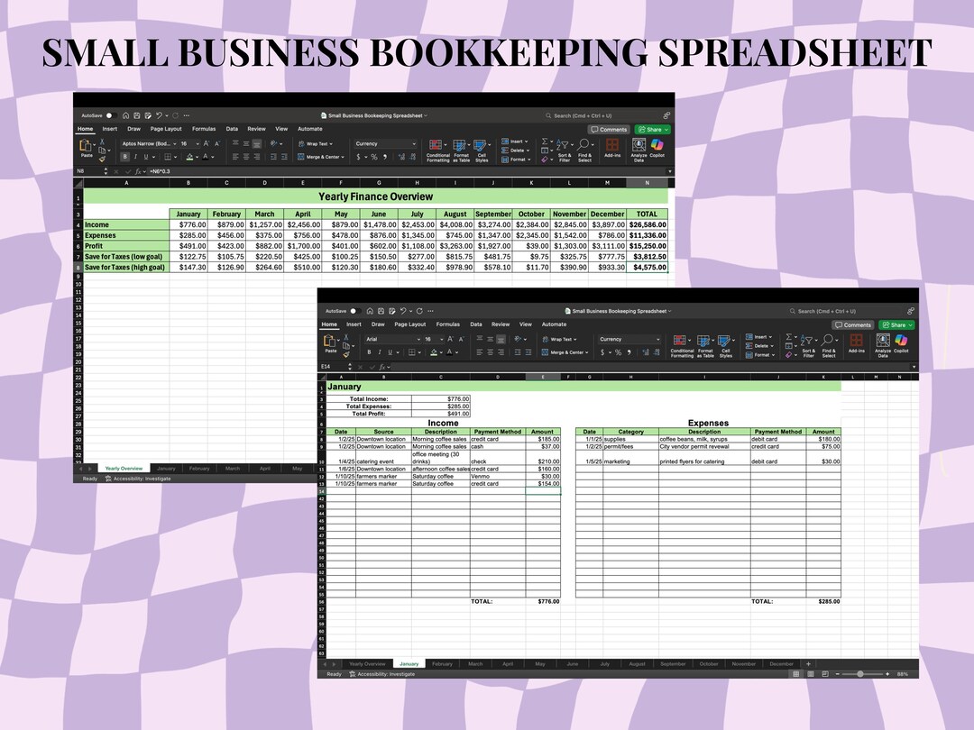 Small Business Bookkeeping Excel Spreadsheet: Income and Expense ...