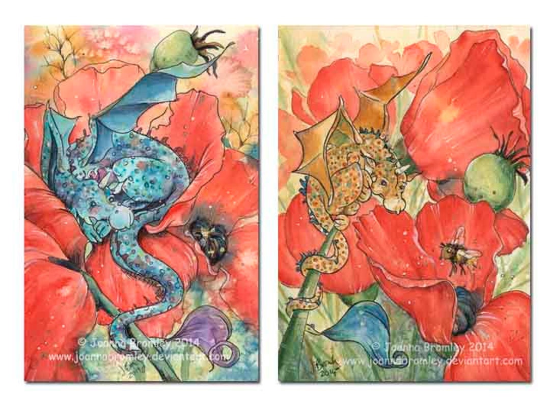 Poppy Dragon Set. 2 X 4x610x15cm Whimsical Fantasy Mini Flower Dragons ...
