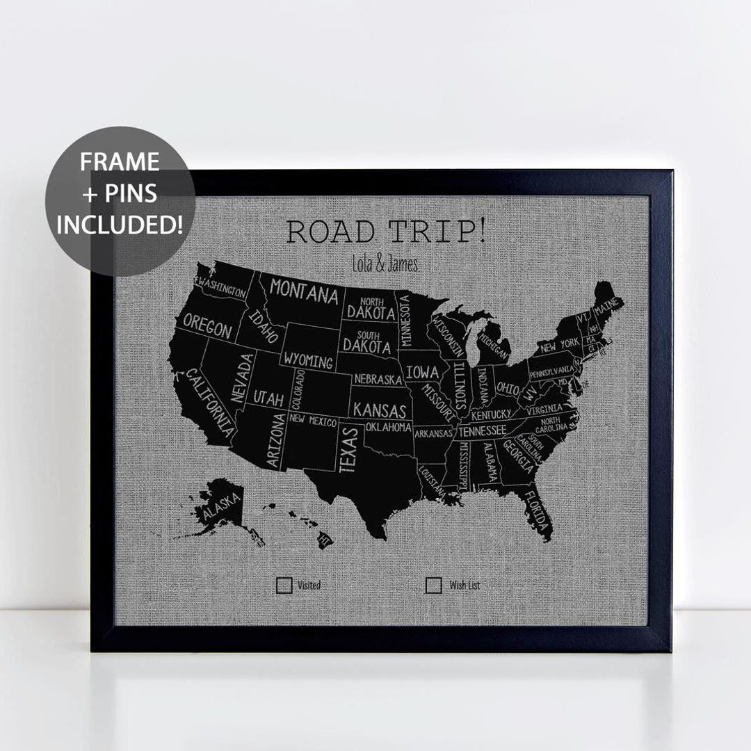 Road Trip! Pushpin Map • Framed USA Map With Pushpins • Push Pin ...
