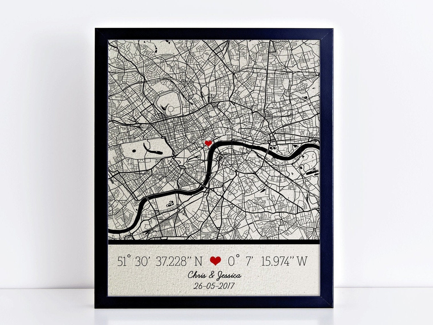 Custom Map with Coordinates & Heart Map Art Linen | Etsy