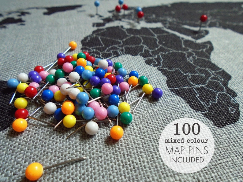 World Map Wall Art Push Pin Map Cotton or Linen Anniversary | Etsy