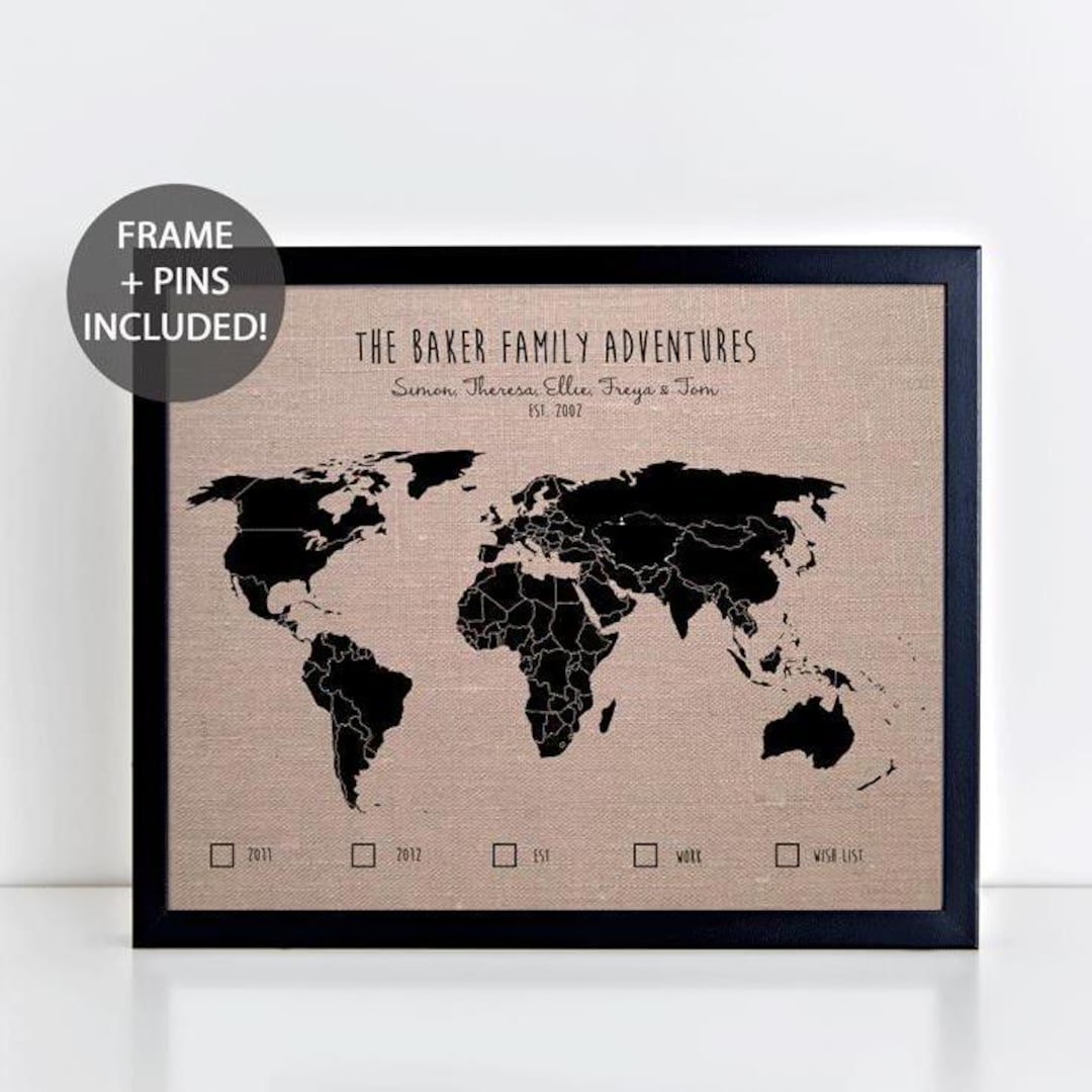 Family Adventures World Pushpin Map • Personalised World Pinboard Map ...