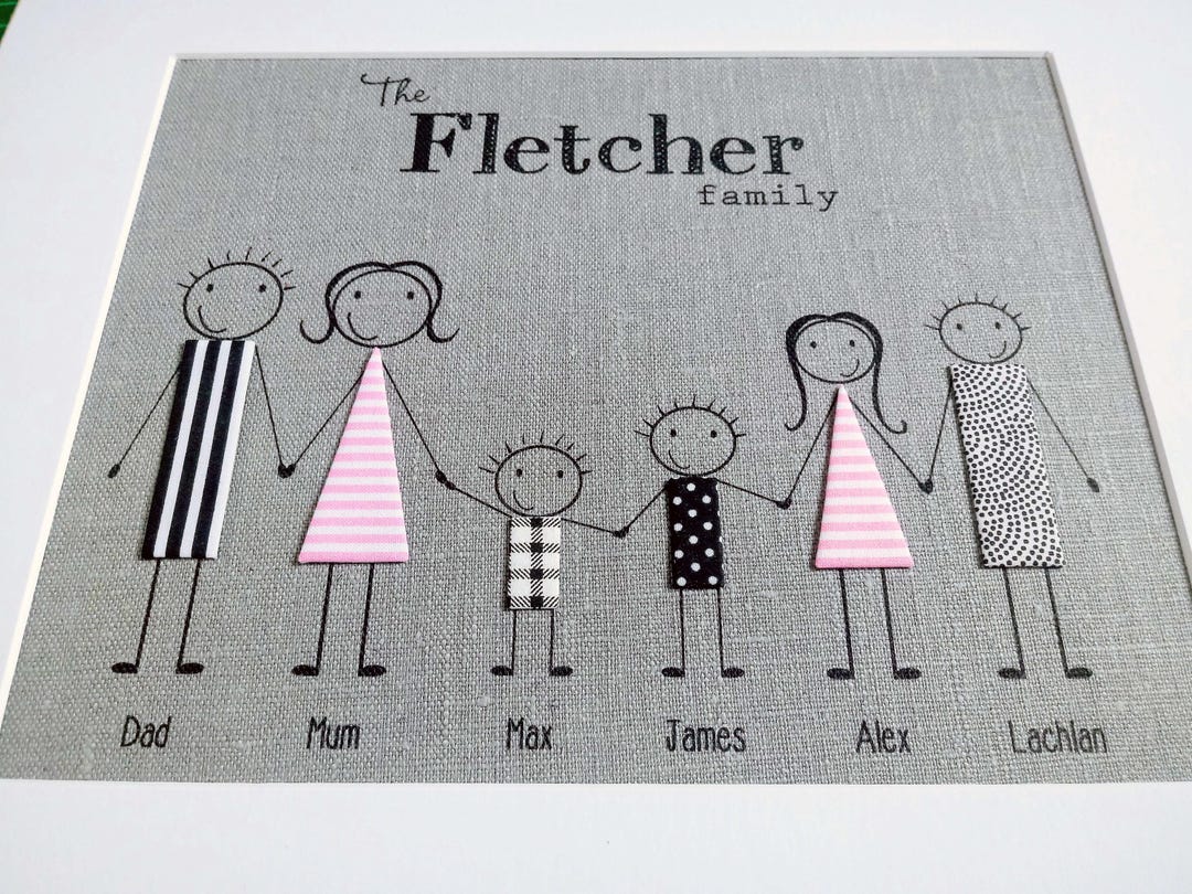 Handmade Family Stickman Portrait on Cotton or Linen - Personalized ...
