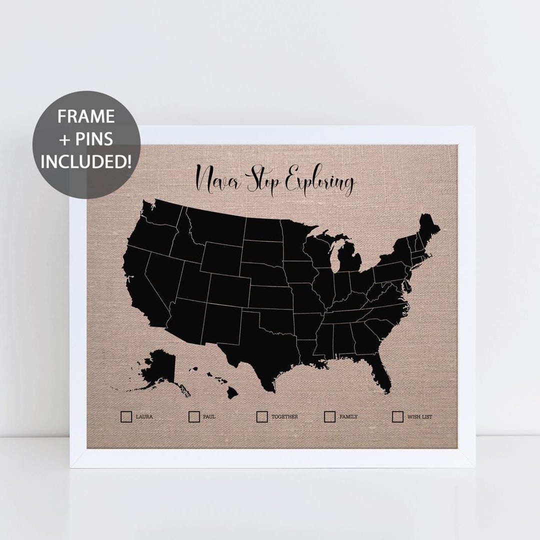 Never Stop Exploring Pushpin Map • Framed Fabric USA Map Including ...