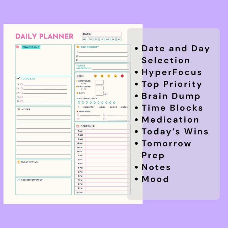 ADHD Daily Planner – Pink & Teal, Focus Tracking Printable - Etsy UK