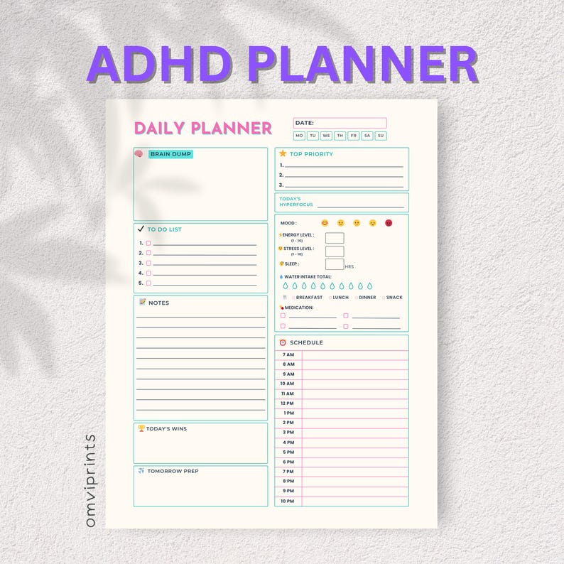 ADHD Daily Planner – Pink & Teal, Focus Tracking Printable - Etsy UK