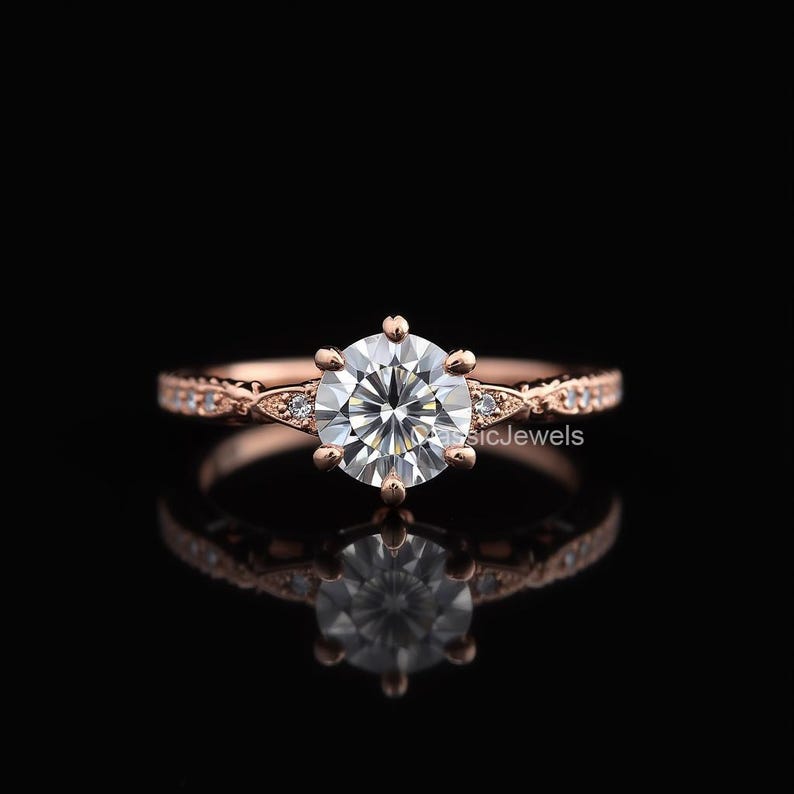 Lab Grown Diamond Solitaire Ring: 10K Rose Gold Pave Band - Etsy
