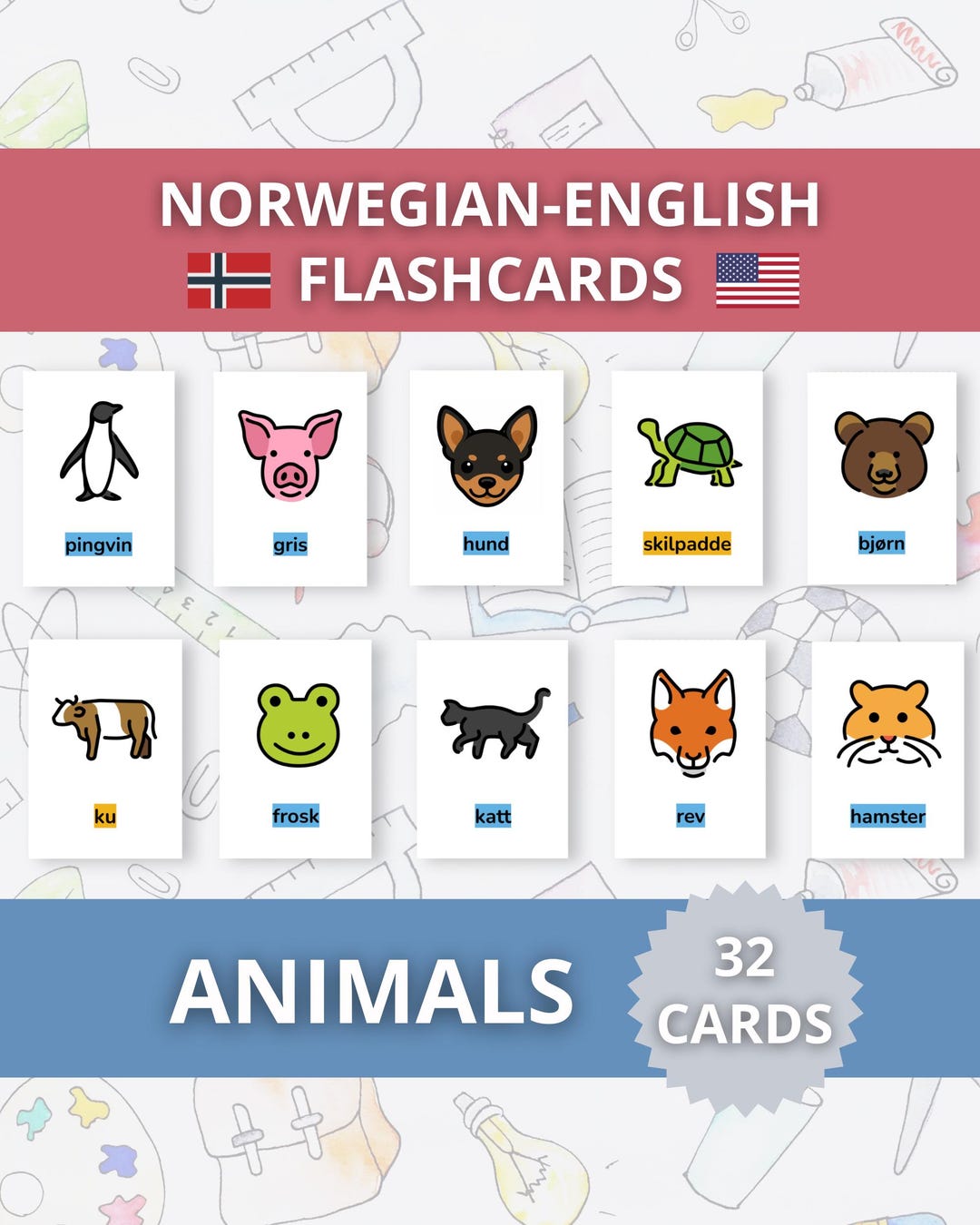 Norwegian-english Flashcards | Animals | SINGLE SET 32 CARDS - Etsy