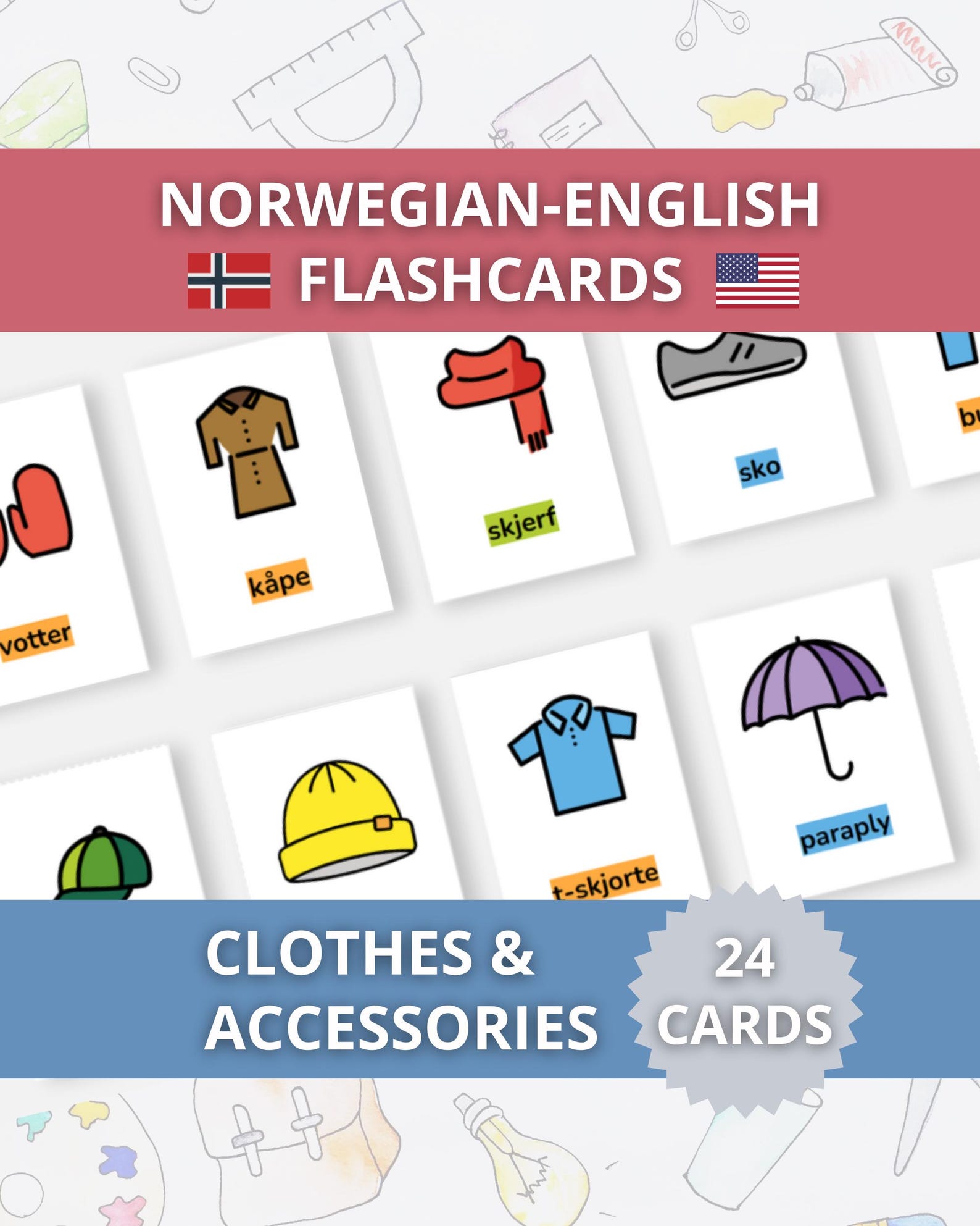 Norwegian-english Flashcards | Colors | SINGLE SET 24 CARDS - Etsy