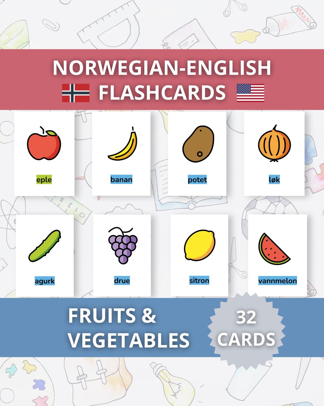 Norwegian-english Flashcards | Fruits & Vegetables | SINGLE SET 32 ...
