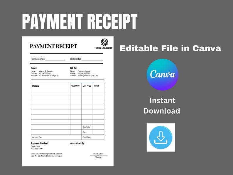 Editable Payment Receipt Template: Simple Small Business Invoice (canva ...