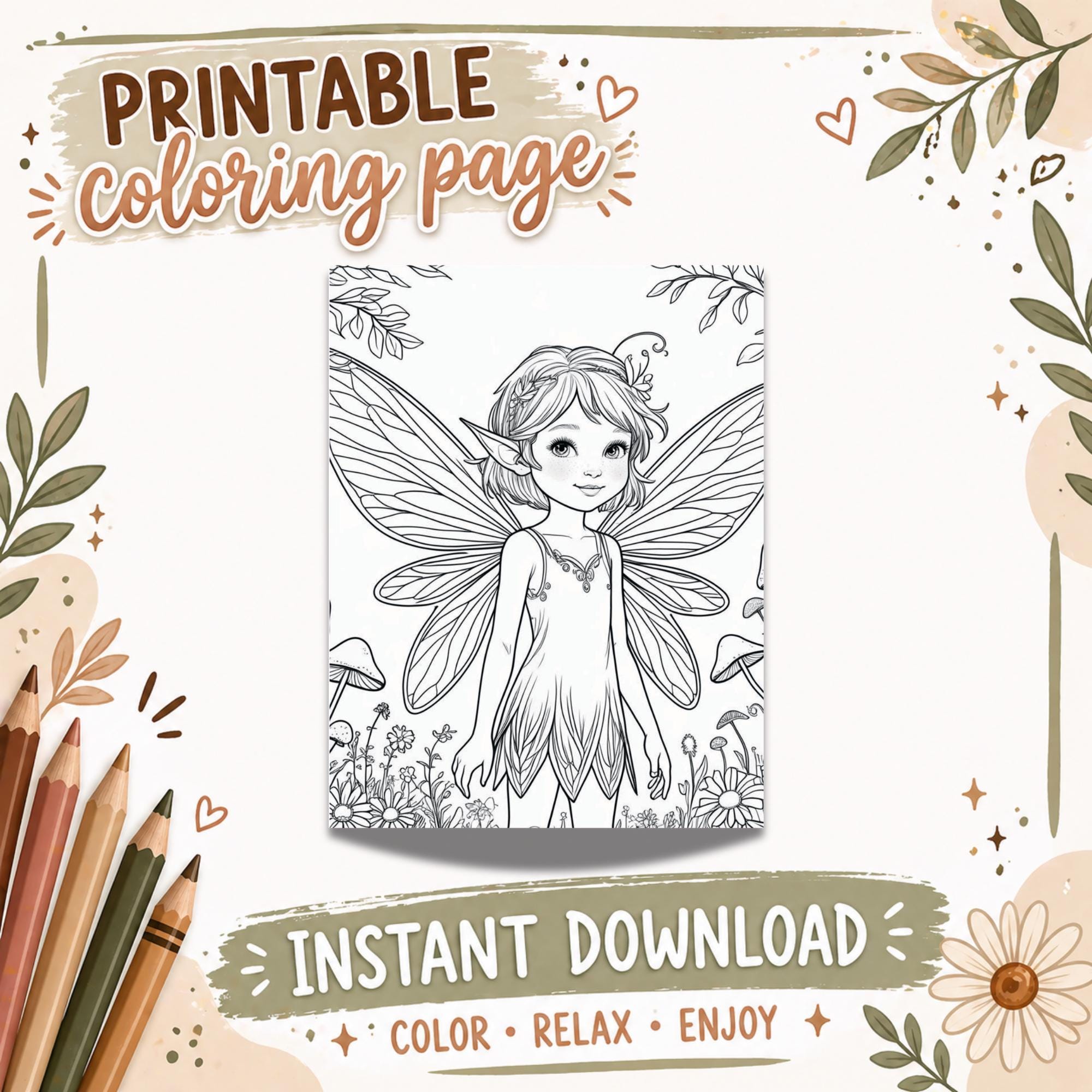 Printable Fairy Coloring Page for Kids & Adults, Cute Fairy Coloring ...