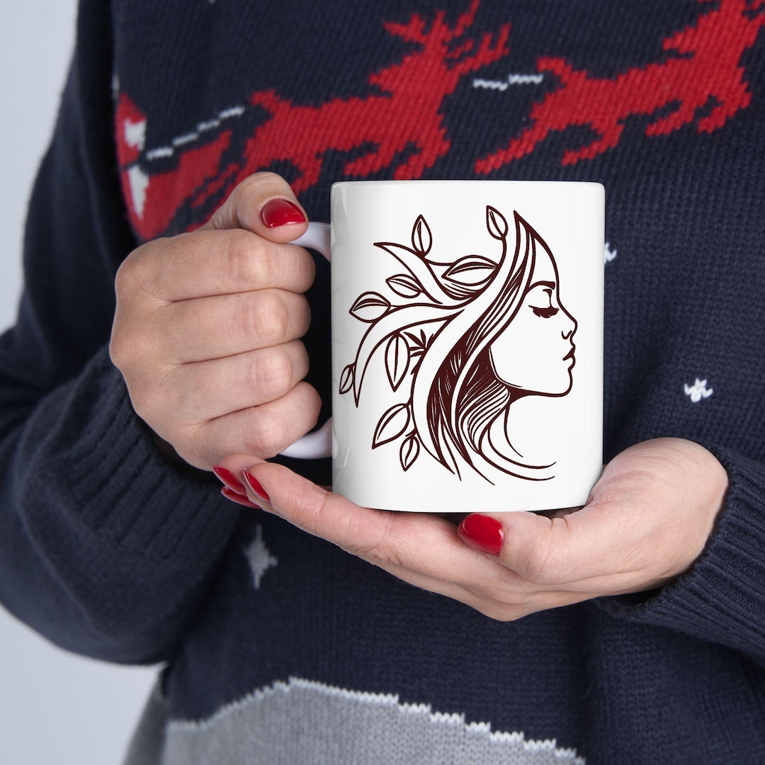 Botanical Woman Ceramic Mug | Line Art Profile Coffee Cup (11oz 15oz ...