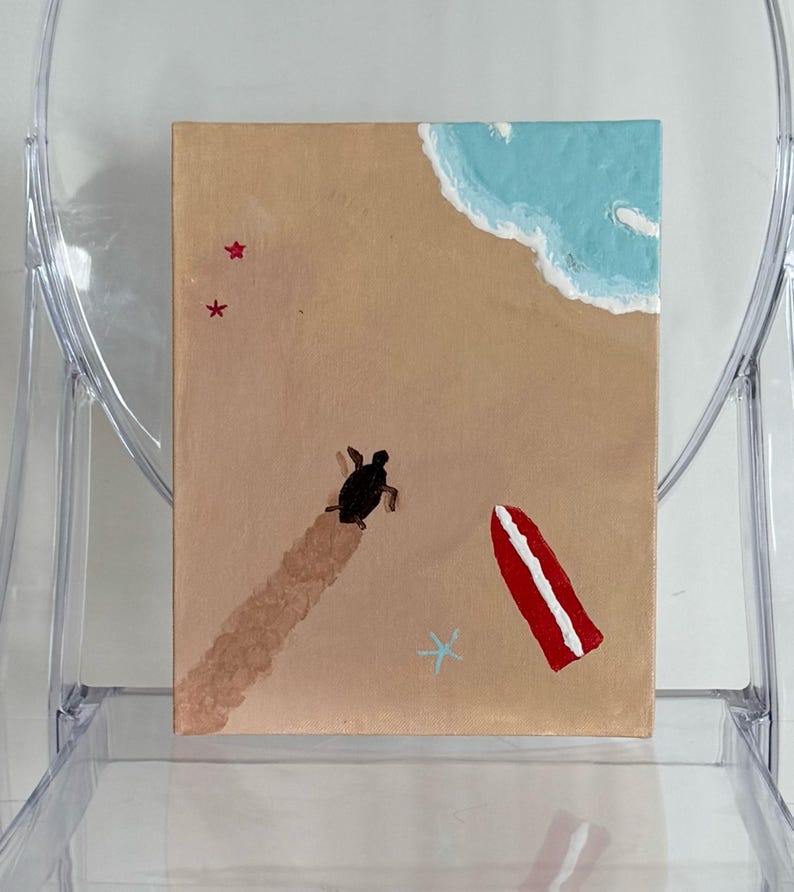 Surfboard Beach Painting, Baby Turtle Ocean Art, Turtle Walking to ...