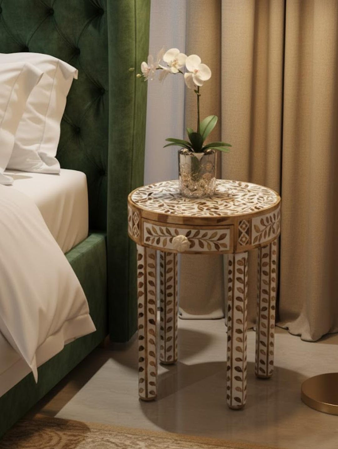 Luxury Round Bone Inlay Nightstand | Floral Leaf Design | Handmade ...