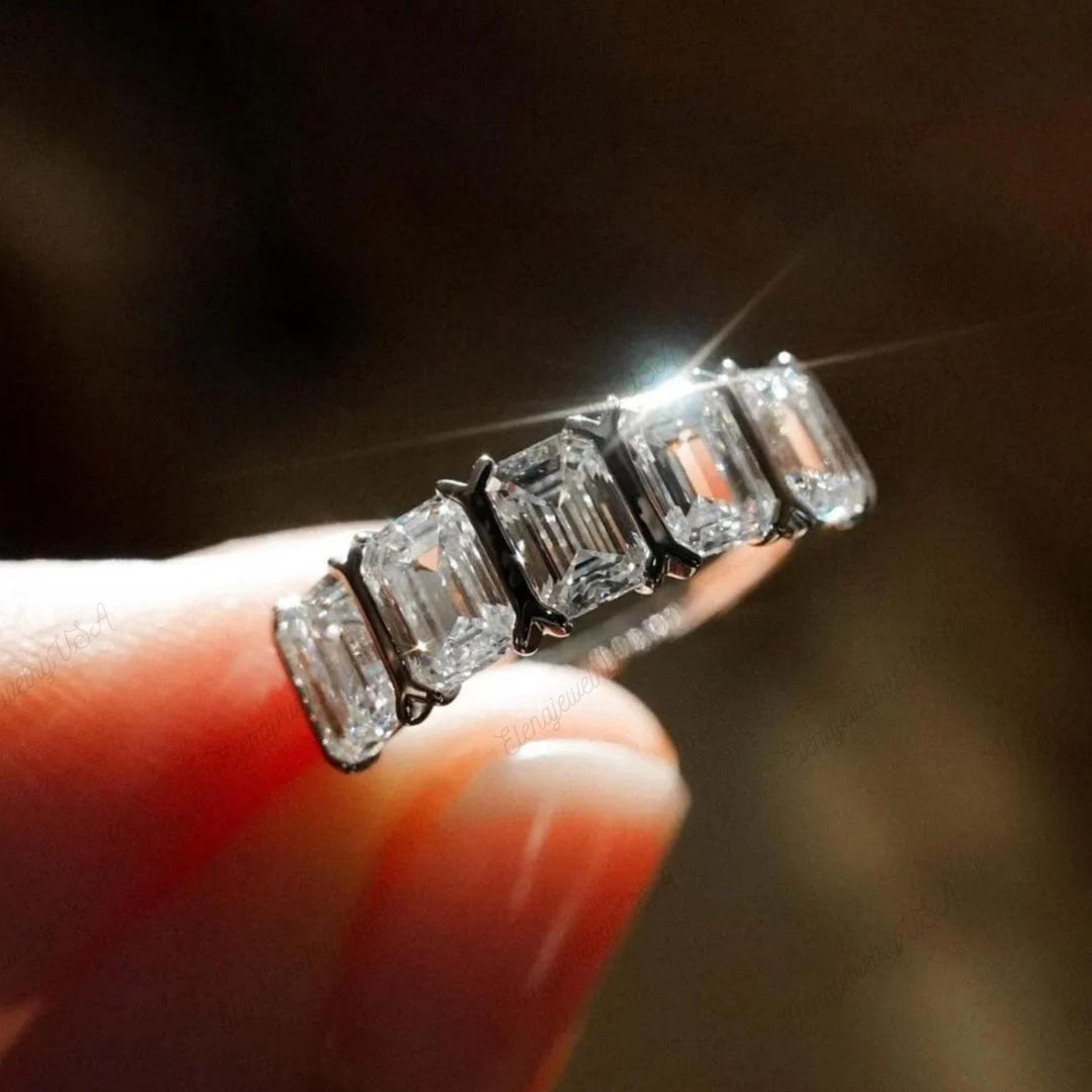 Half Bezel Setting Emerald Cut Moissanite Diamond Bridal Wedding Band ...