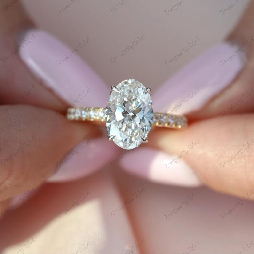 3 Carat Oval Moissanite Diamond Engagement Ring With Pavé Band, 14K ...