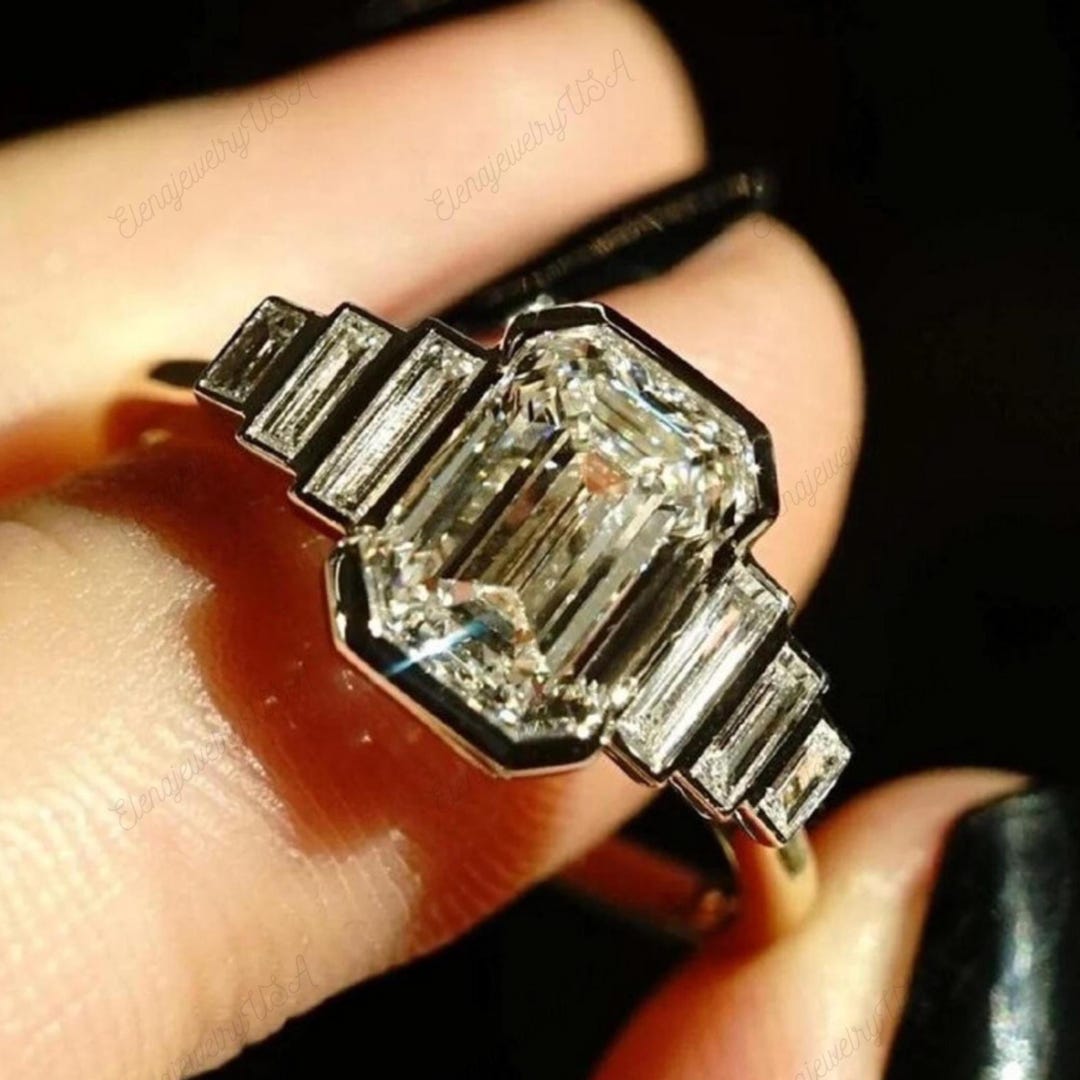 3 CT Emerald Cut Moissanite Diamond Bar Set Engagement Ring, Half Bezel ...