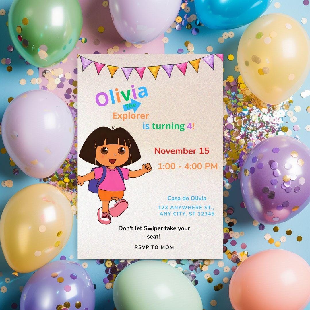 Editable Children Dora Birthday Invitation, Digital Birthday Party ...