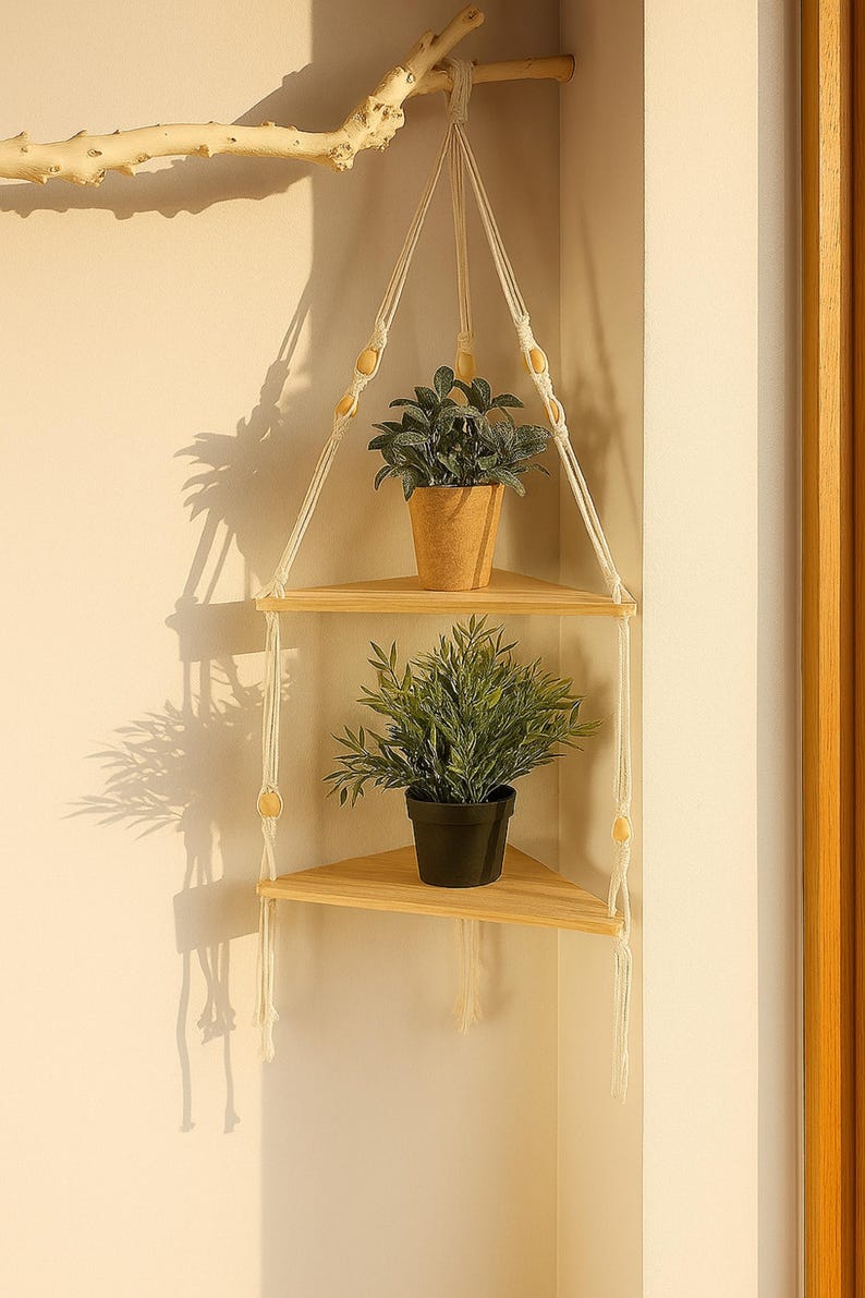 3-tier Wooden Corner Shelf: Hanging Boho Plant Decor - Etsy