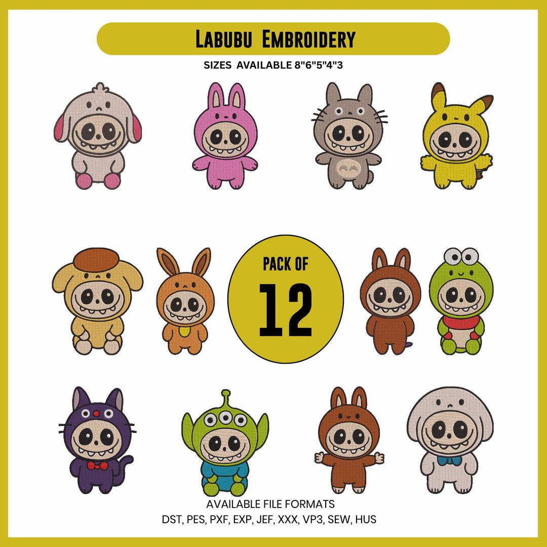 Labubu Monster Embroidery Designs: Kawaii Cartoon PES Files (digital ...