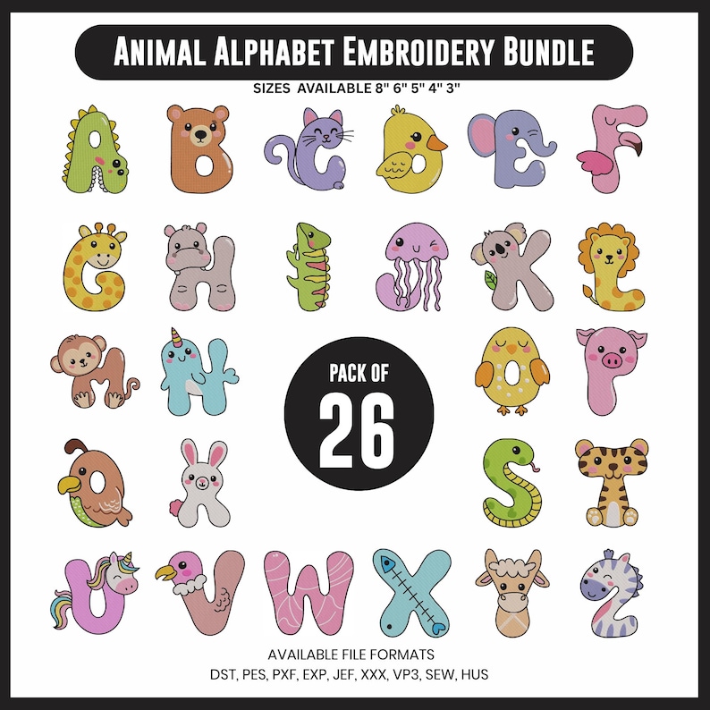 Animal Alphabet Embroidery Bundle | A-Z Letters Embroidery Designs ...