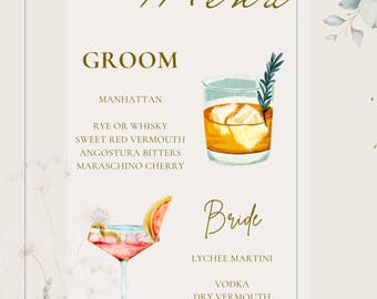 Editable Bar Menu Template: Minimalist Floral Wedding Cocktail Sign ...