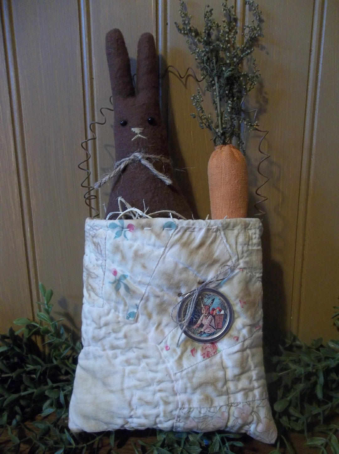 Primitive Handmade chocolate Bunny and Carrot in Antique Cutter Quilt ...