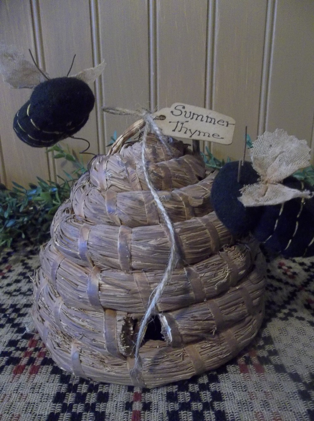 Small Woven Bee Hive With Primitive Handmade Bees Folk Art/farmhouse ...