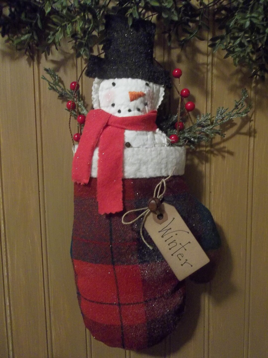 Primitive Handmade Snowman and Faux Pine Greenery in Large Mitten ...