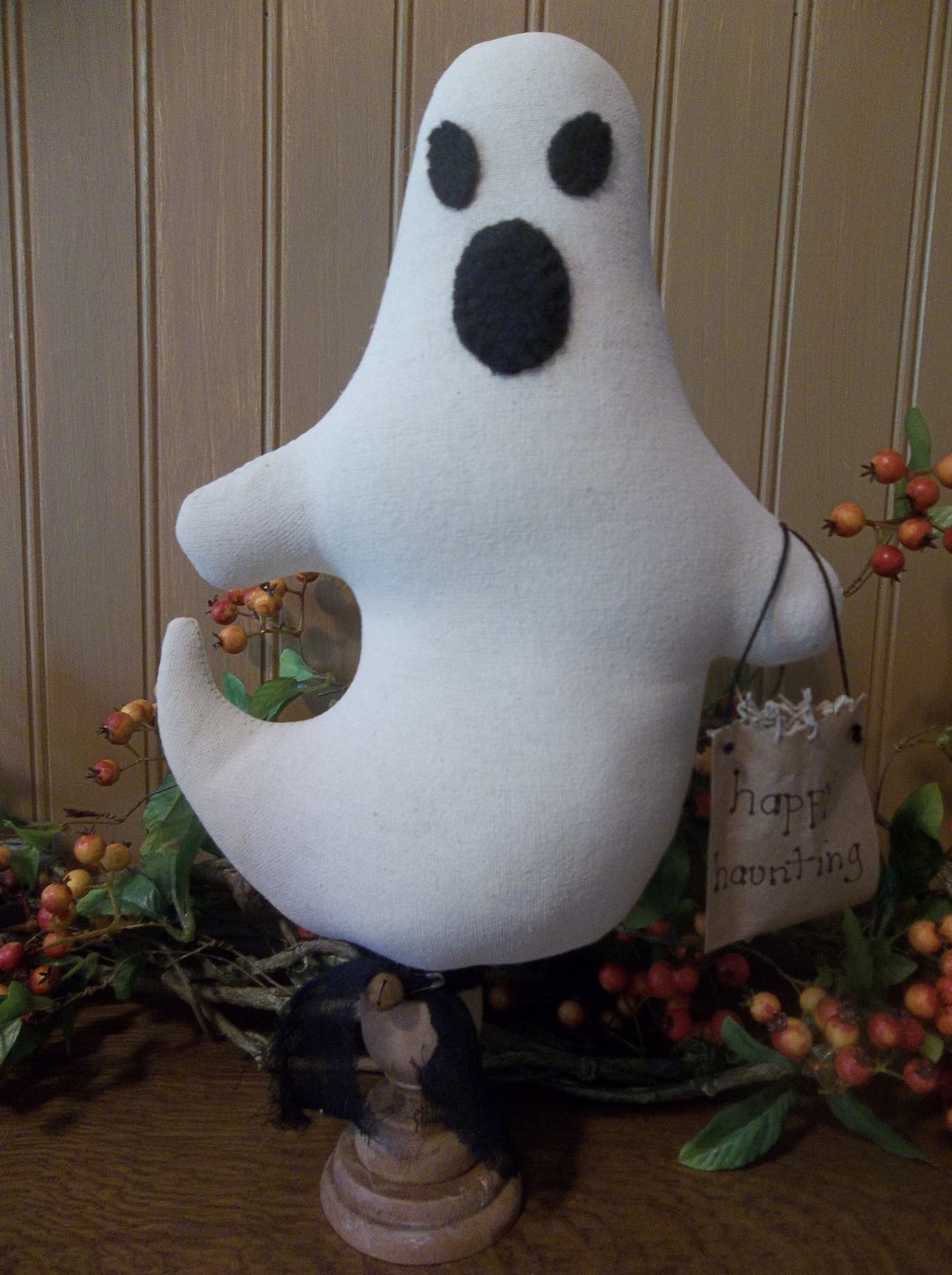 Primitive Handmade Ghost Make-do on Stained Wood Candlestick Halloween ...