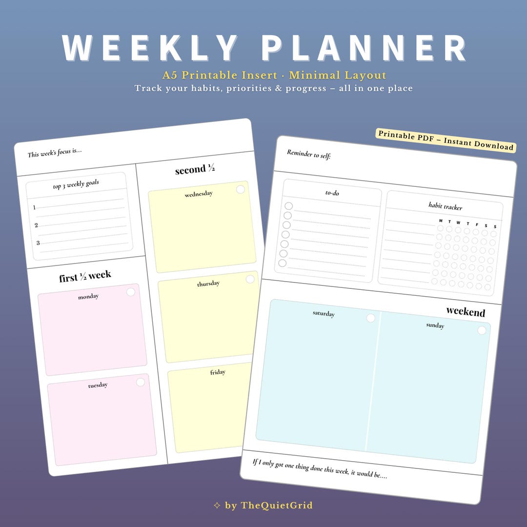 Weekly Planner Printable • A5 Minimal Insert • Undated Weekly Layout ...