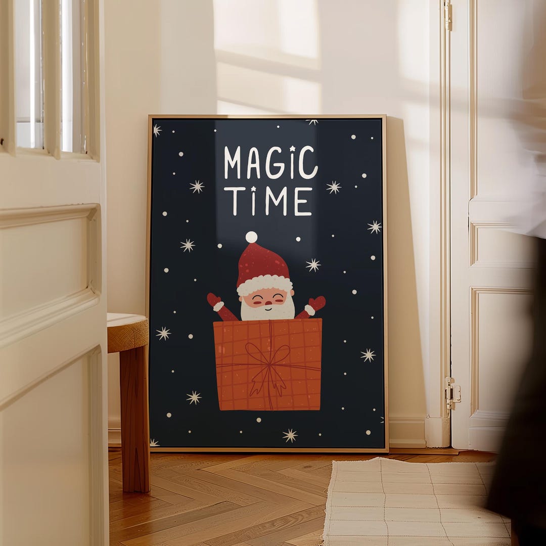 Christmas Wall Art, Cute Santa in Gift Box Print With Magic Time Text ...