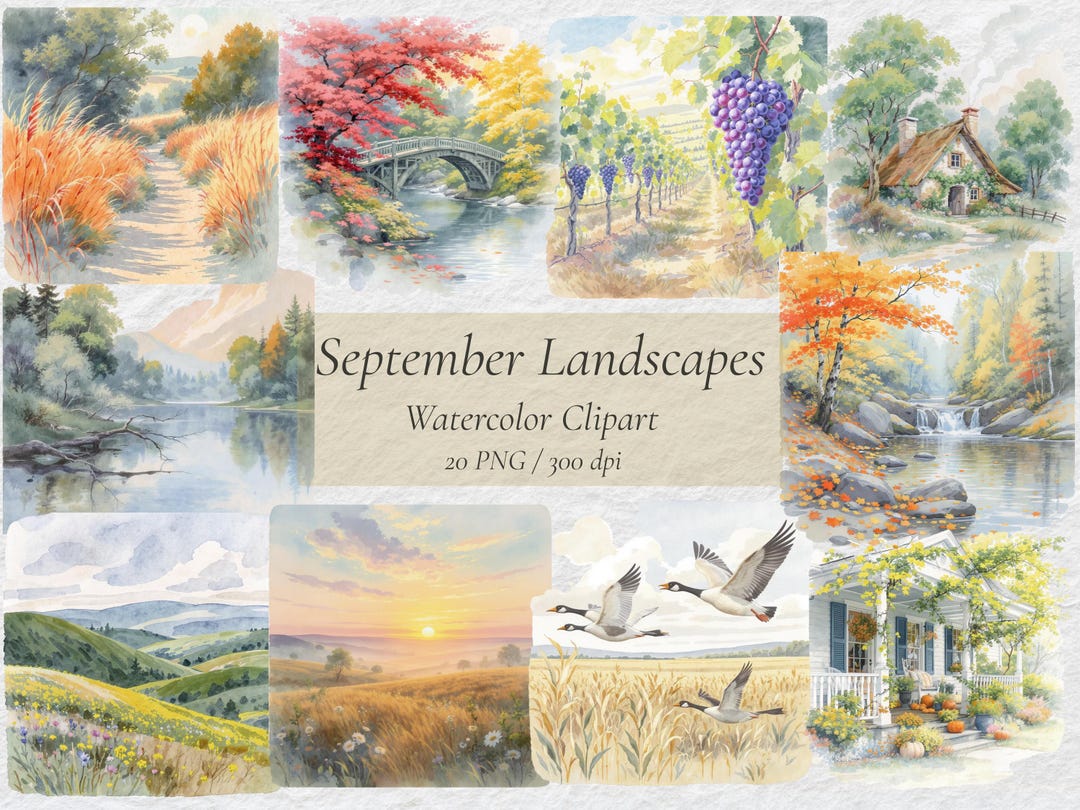 September Watercolor Landscape Clipart Bundle | Autumn Fields, Misty ...
