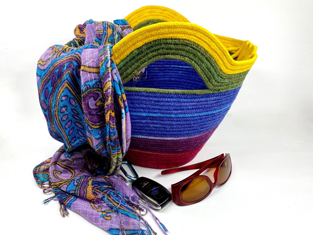 Hand Dyed Clothesline Tote Bag Repurposed Coiled Rope Basket Beach ...