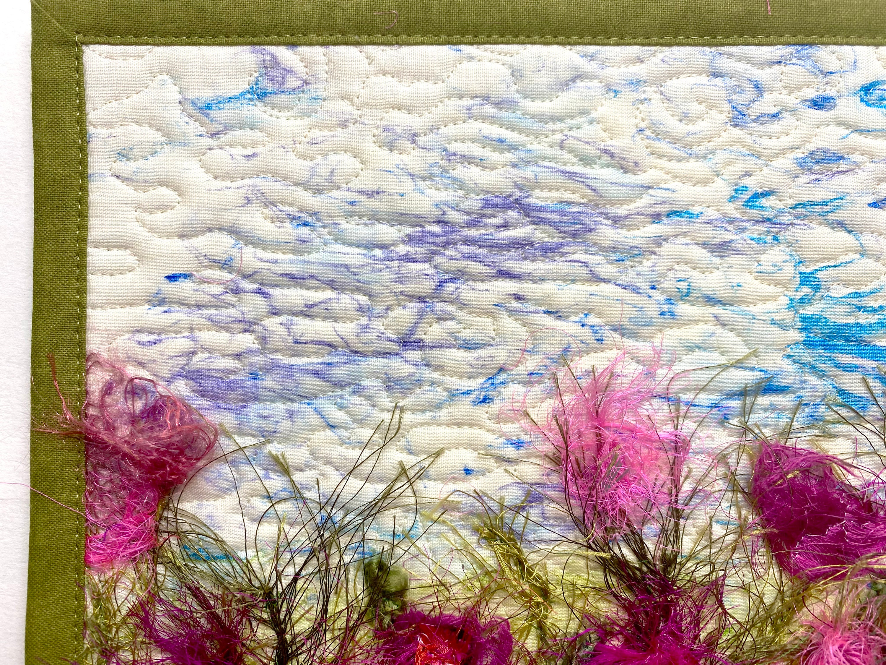 Spring Flowers Art Quilt With Fabric Marbling and Fiber Couching , 9 X ...